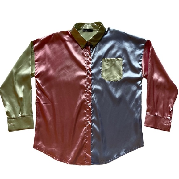 Tops | Colorblock Satin Buttondown Blouse Bold Stylish Perfect For Any ...
